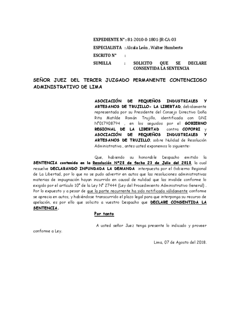 Modelo de Escrito Solicitando Que Se Declare Consentida La Resolucion | PDF