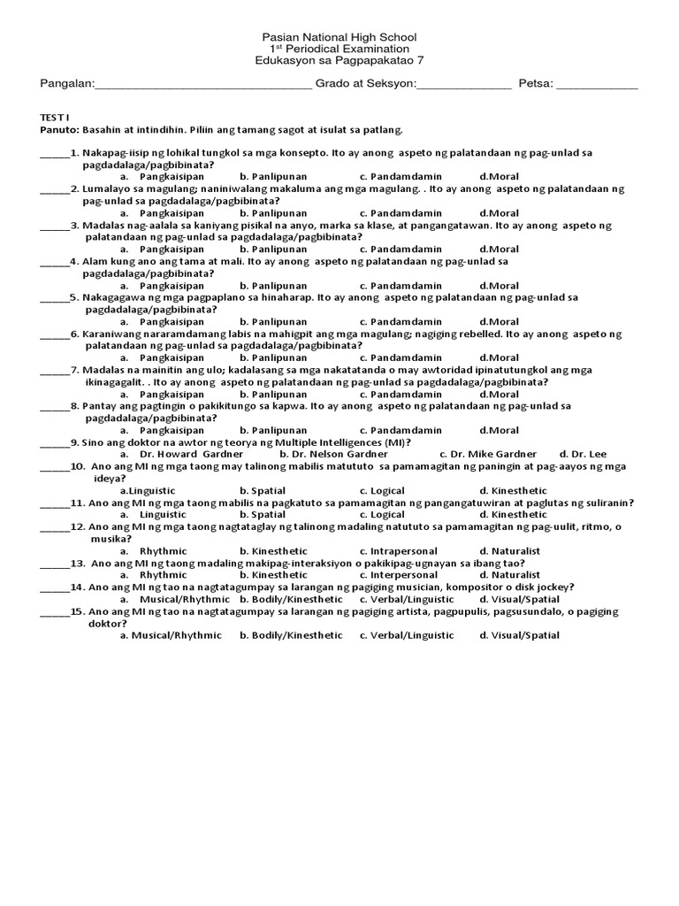 EsP 7 1st Quarter Exam | PDF