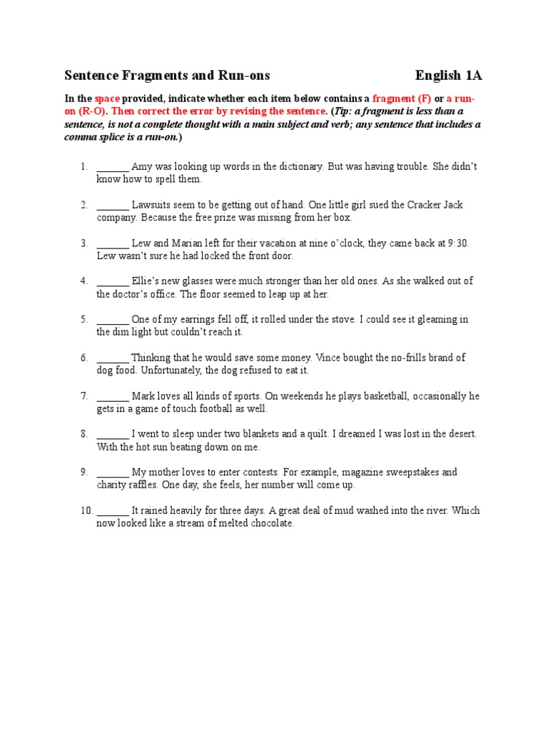 Sentence Fragments Run Ons | PDF | Games & Activities | General Fiction