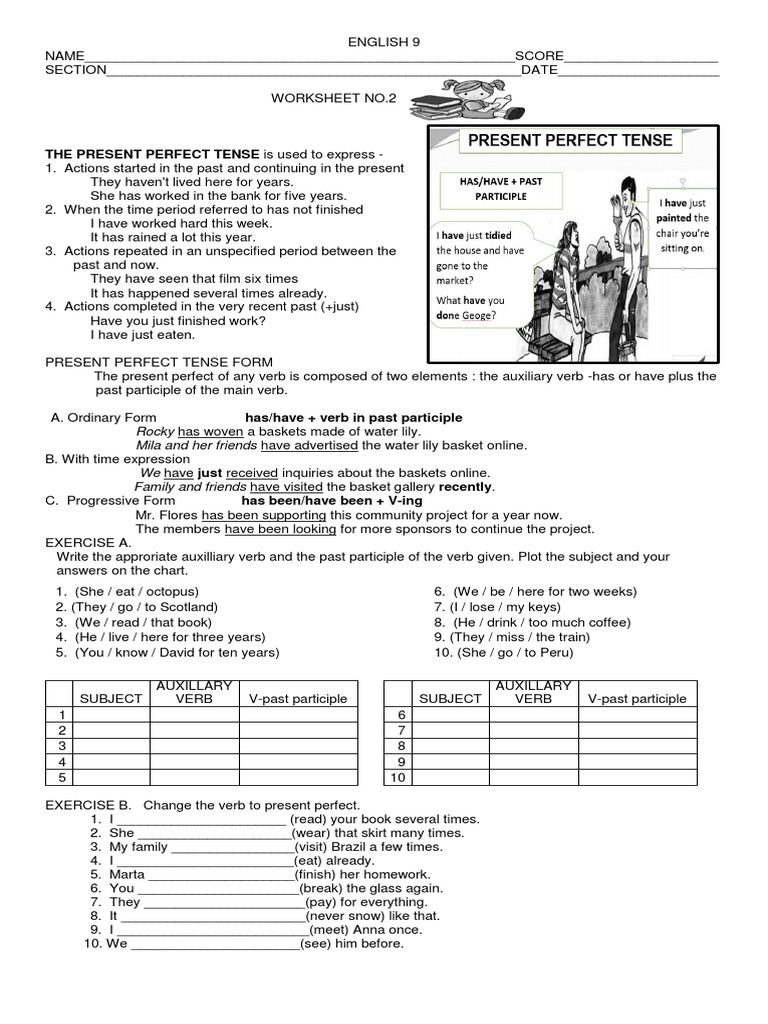 Worksheet On Present Perfect Tense | PDF | Perfect (Grammar) | Verb