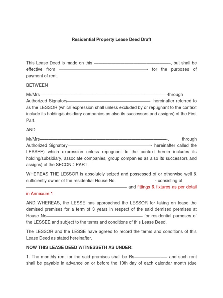 Residential Property Lease Deed Draft | PDF | Lease | Renting