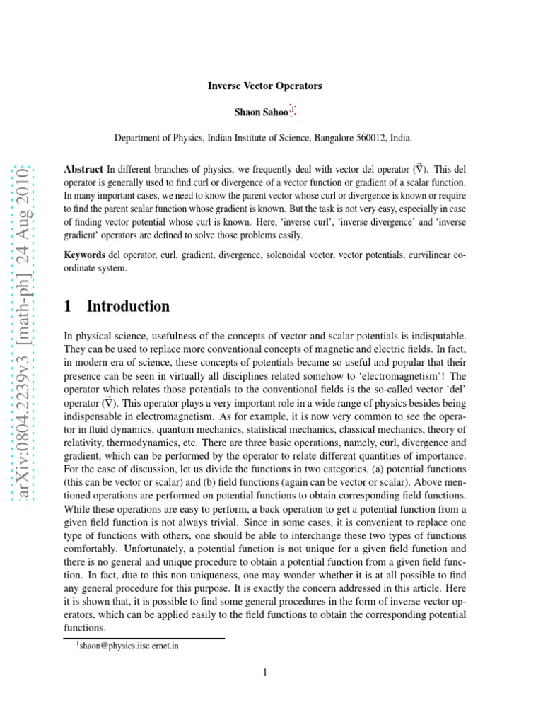Inverse Vector Operators PDF | PDF | Divergence | Euclidean Vector