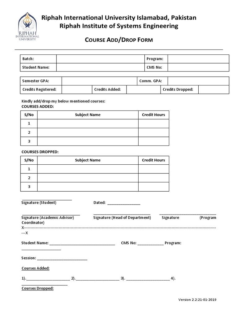 Riphah Course Add Drop Form | PDF