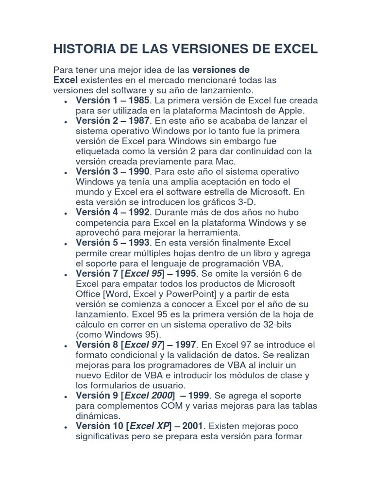 Evolución de las versiones de Excel | PDF | Microsoft Office ...