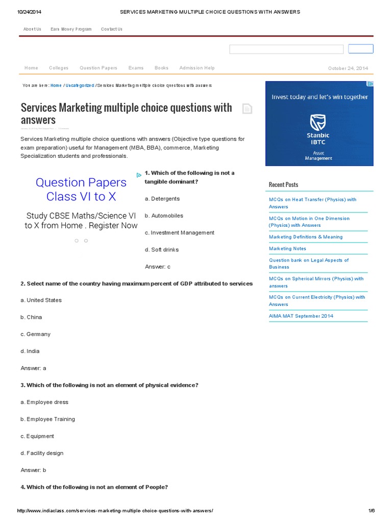 Services Marketing Multiple Choice Questions With Answers PDF | PDF | Business | Economies