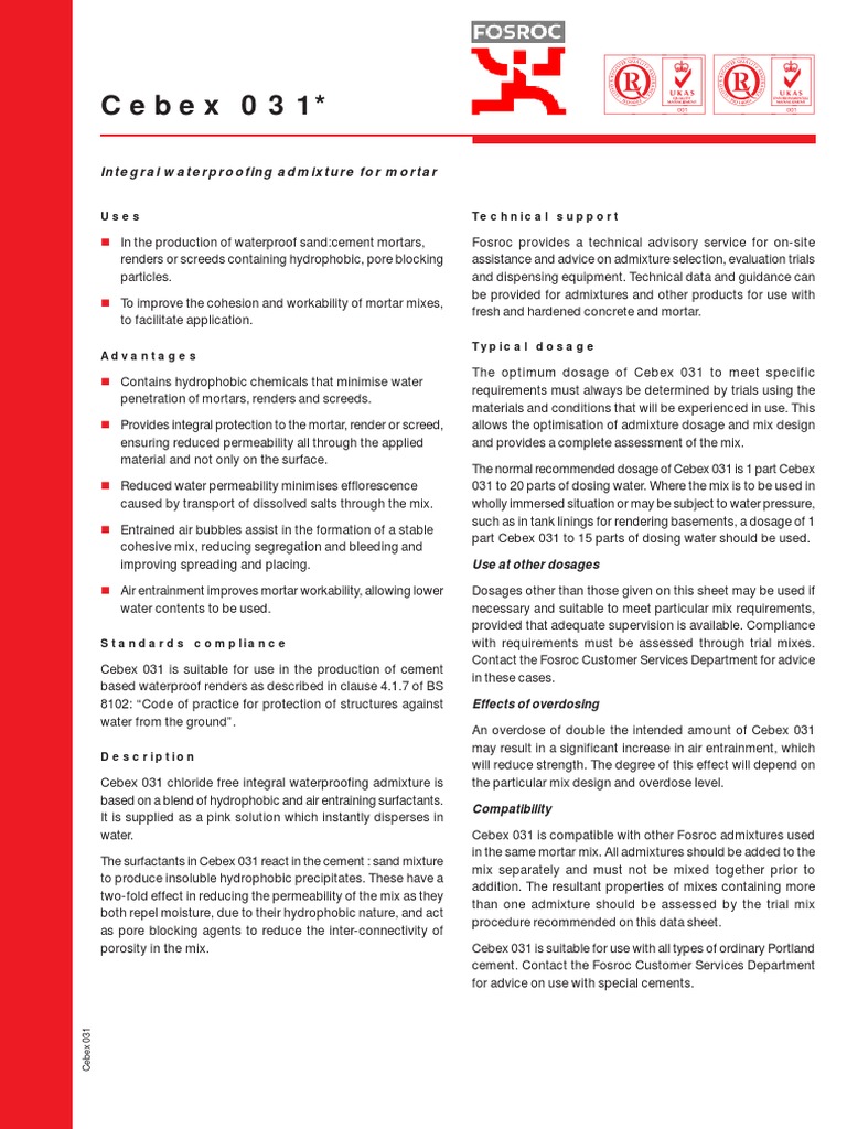 Integral Waterproofing Admixture for Mortar: Technical Data Sheet for ...