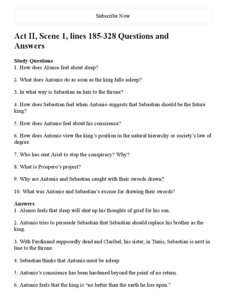 The Tempest Act II, Scene 1, Lines 185-328 Questions and Answers | PDF