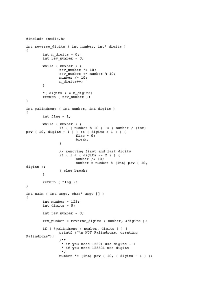 Palindrome Number And Interview Question Pdf Pointer Computer Programming C Programming