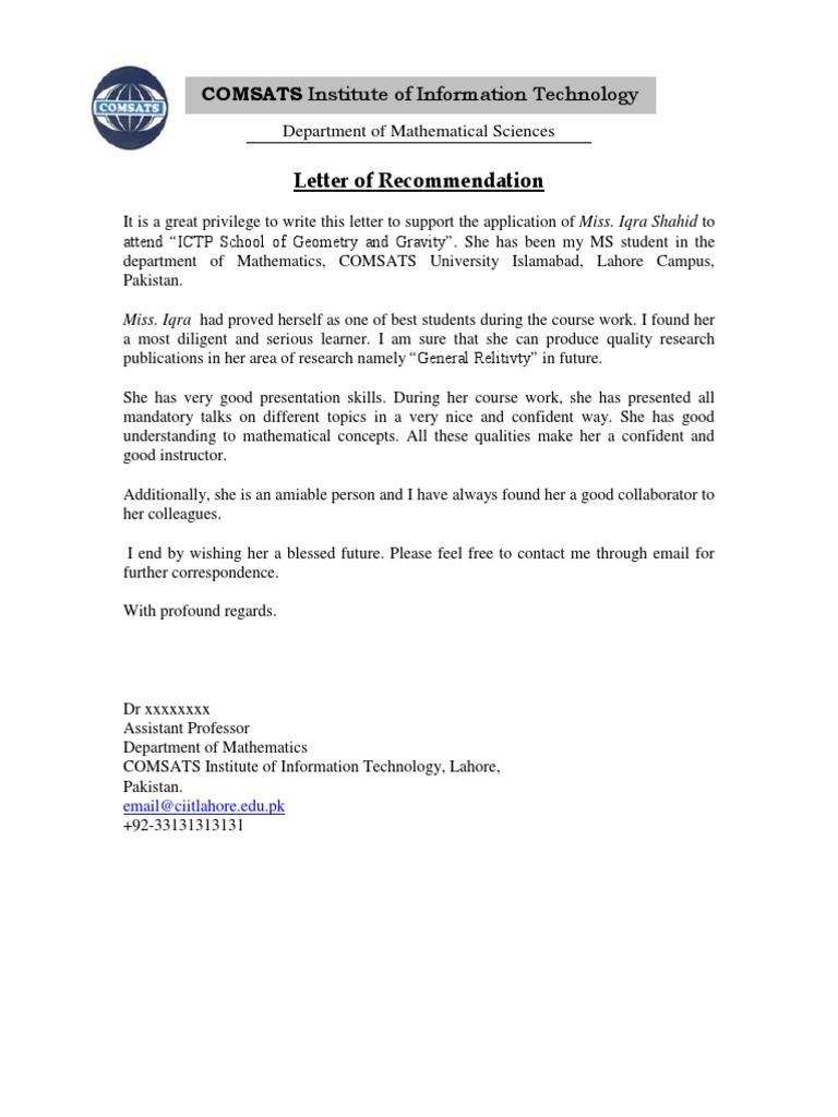 Iqra Recommendation Letter For Ictp | PDF