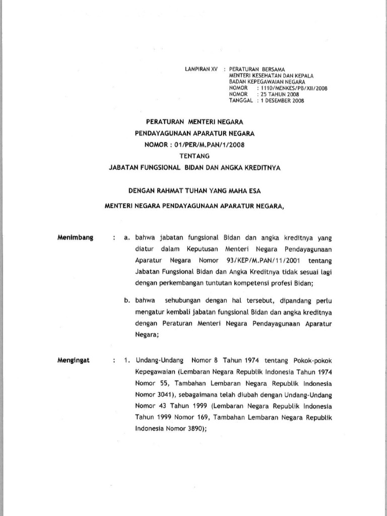 Permenpan Nomor 01 Per M.pan 1 2008 Tahun 2008@jabatan Fungsional Bidan ...