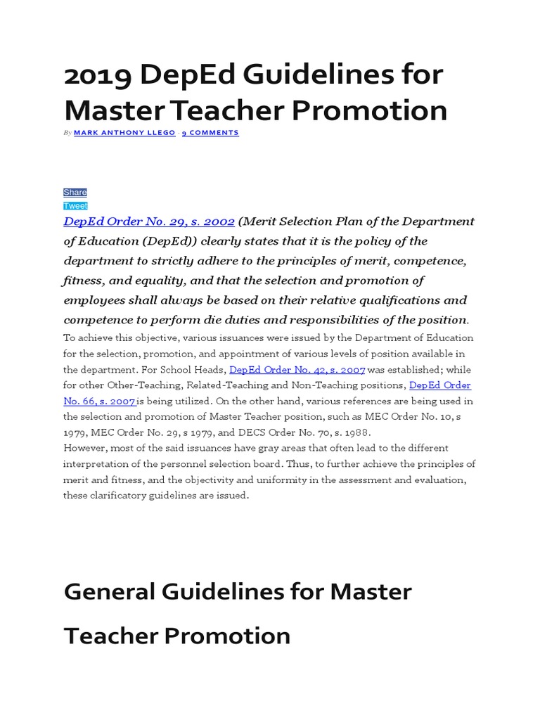 2019 DepEd Guidelines For Master Teacher Promotion | PDF | Academic ...
