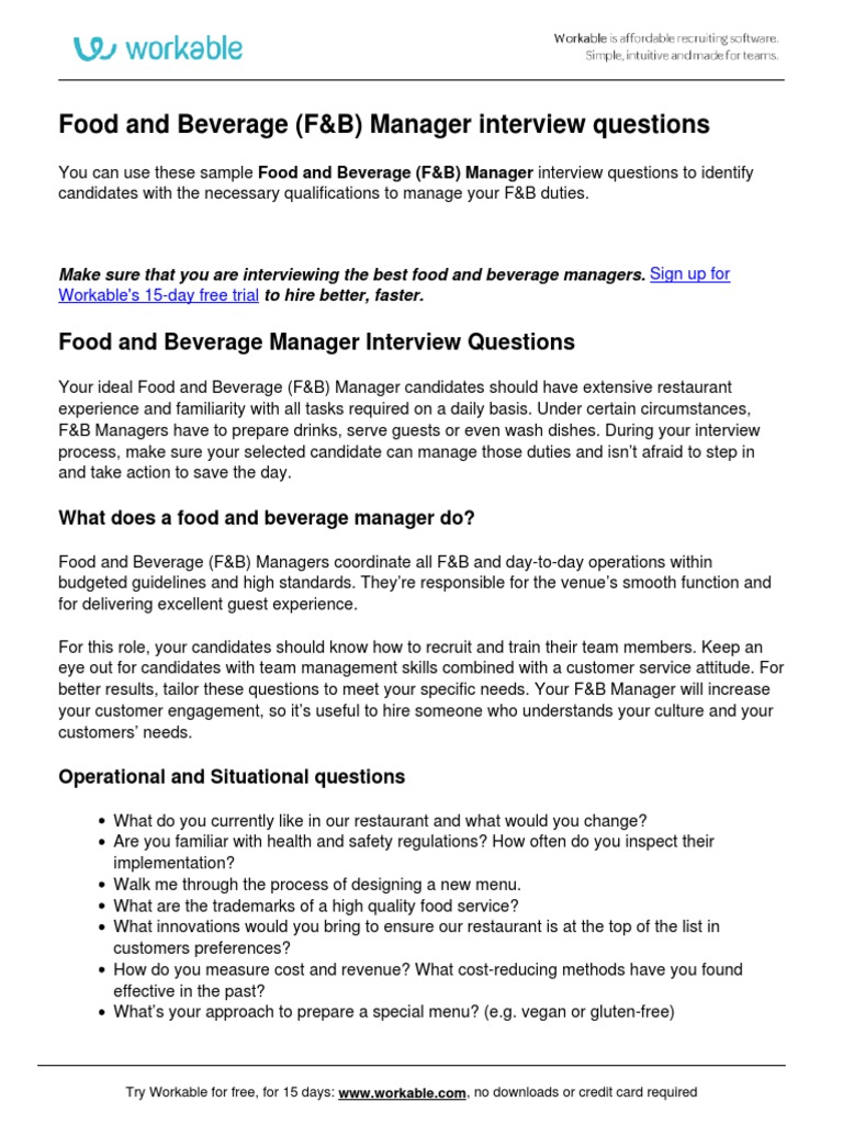 Food and Beverage FB Manager Interview Questions PDF | PDF ...