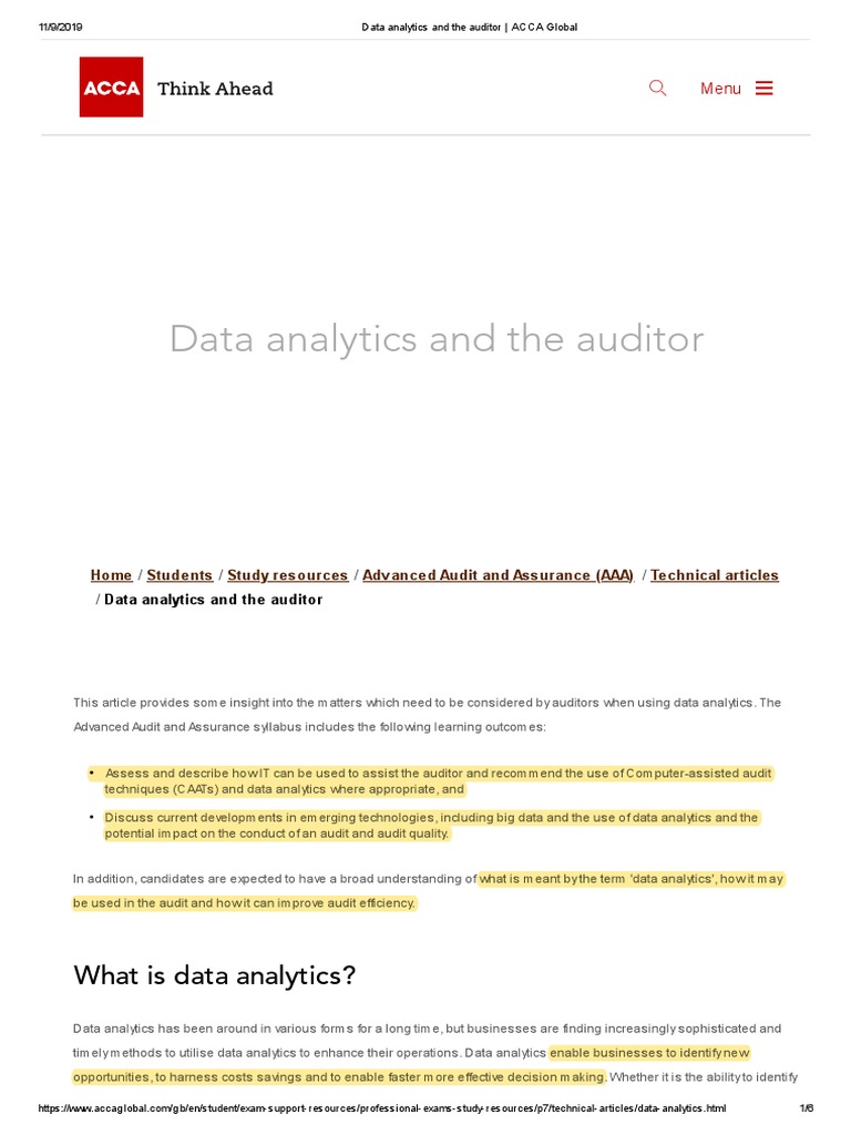 Data Analytics and The Auditor - ACCA Global | PDF | Analytics | Data ...
