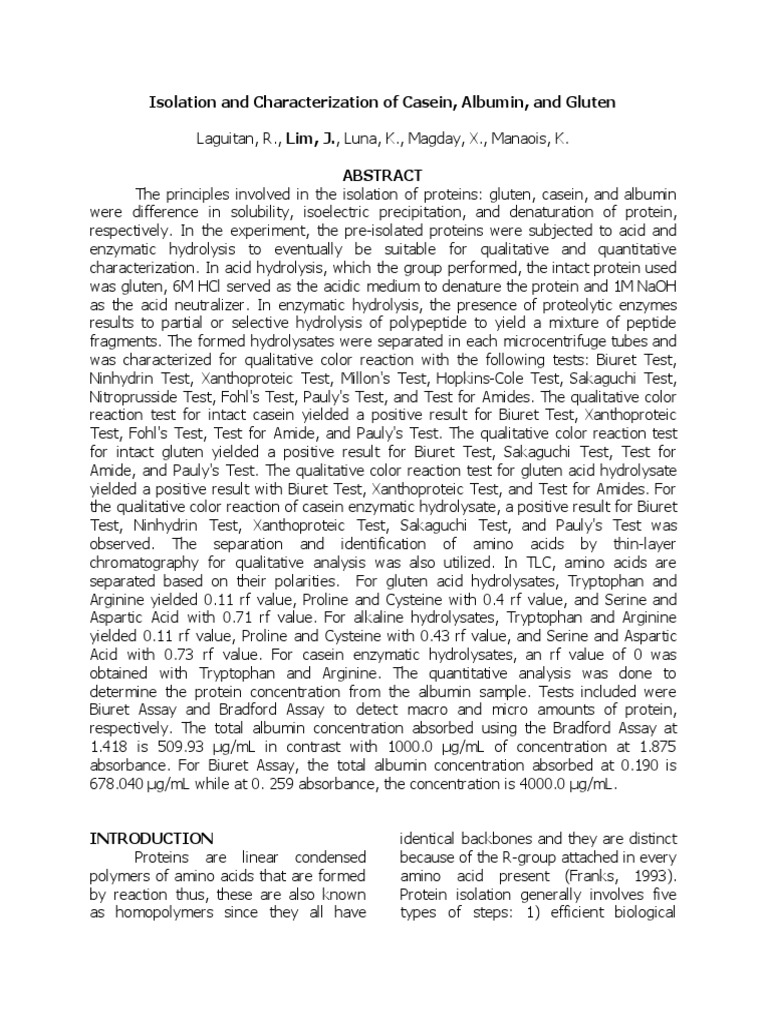 EXP 2: Isolation and Characterization of Casein, Albumin, and Gluten ...