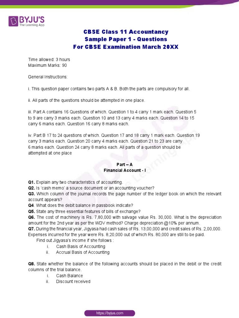 Sample Paper For Class 11 Accountancy Set 1 Questions | PDF | Debits ...