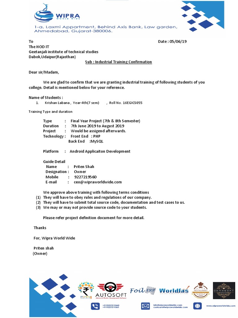 Industrial Training Confirmation Letter | PDF