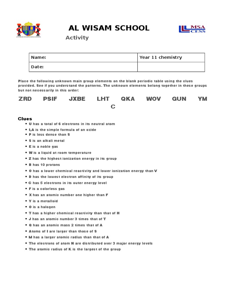 Year 11 Periodic Table ACtivity | PDF