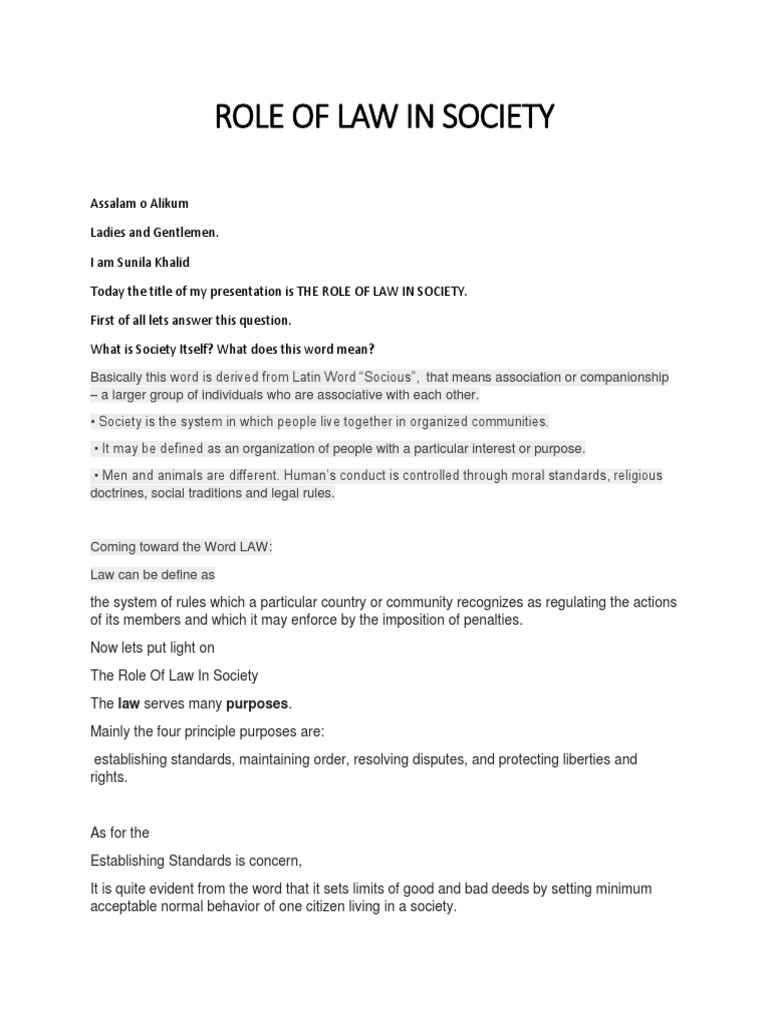 Role of Law in Society by Sunila | PDF | Civil Liberties | Rights