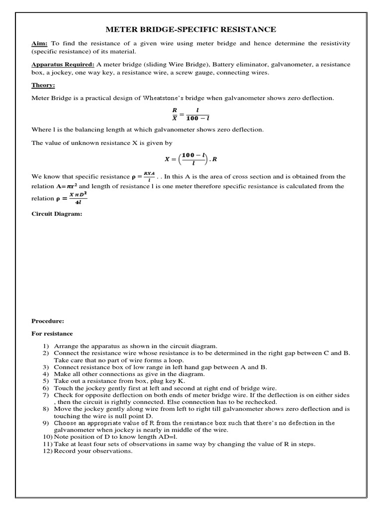Meter Bridge-Specific Resistance | PDF | Electrical Resistance And ...