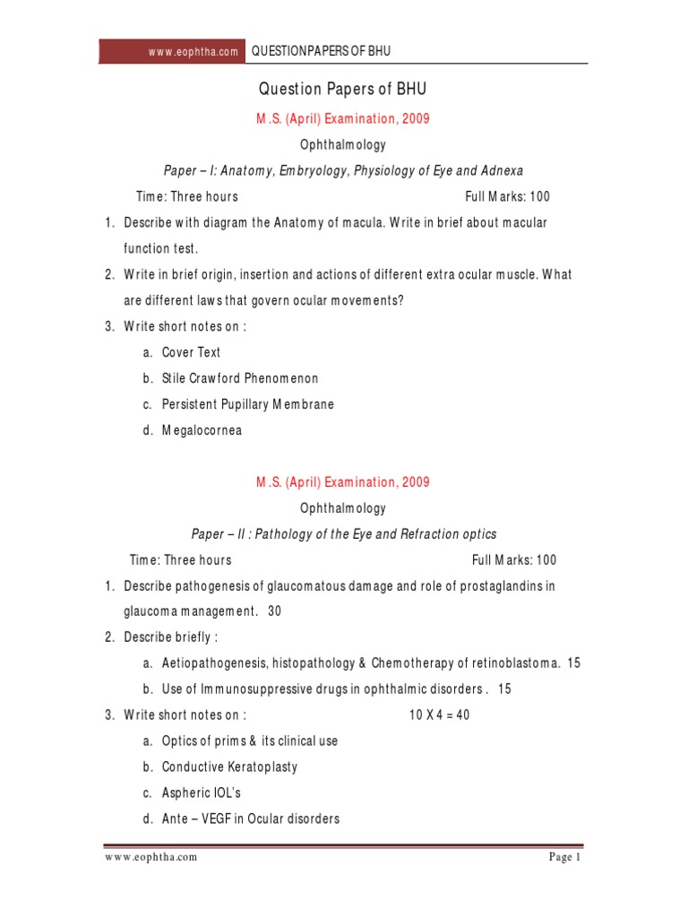 Question Papers of BHU | PDF | Ophthalmology | Glaucoma