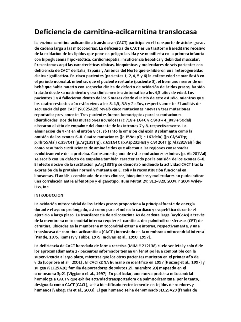 Deficiencia de CACT: Casos y Mutaciones | PDF | Mutación | Gene