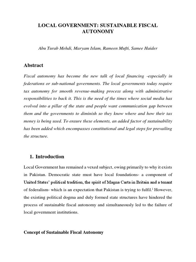 Sustainable Fiscal Autonomy in Pakistan | PDF | Devolution | Local ...