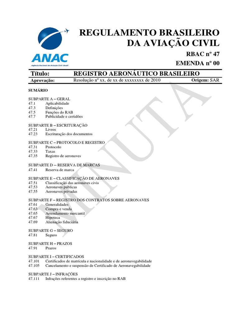 Anexo RBAC Numero 47 - Registro Aeronautico Brasileiro | PDF | Hipoteca ...