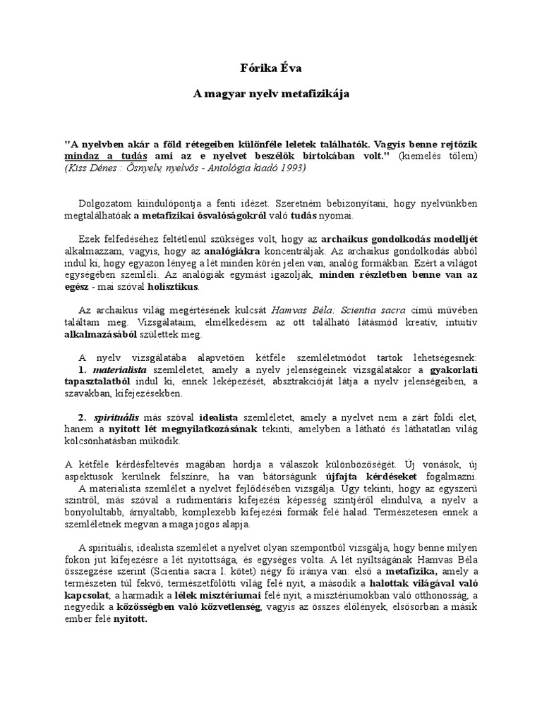 Frika Va A Magyar Nyelv Metafizikja | PDF