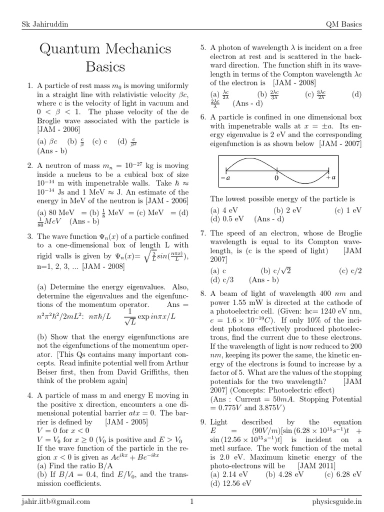 QM Problem Set 1 | PDF | Electronvolt | Electron