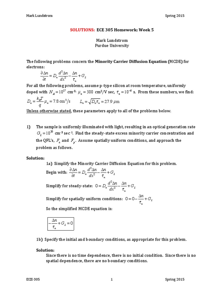 ECE 305 Homework 5 Solutions | PDF | Diffusion | Doping (Semiconductor)