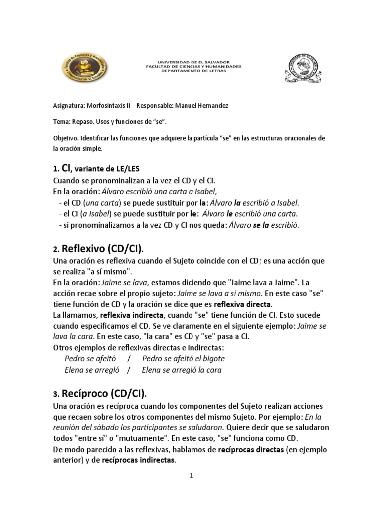 Repaso - Usos y Funciones de "Se" | PDF | Verbo | Asunto (gramática)