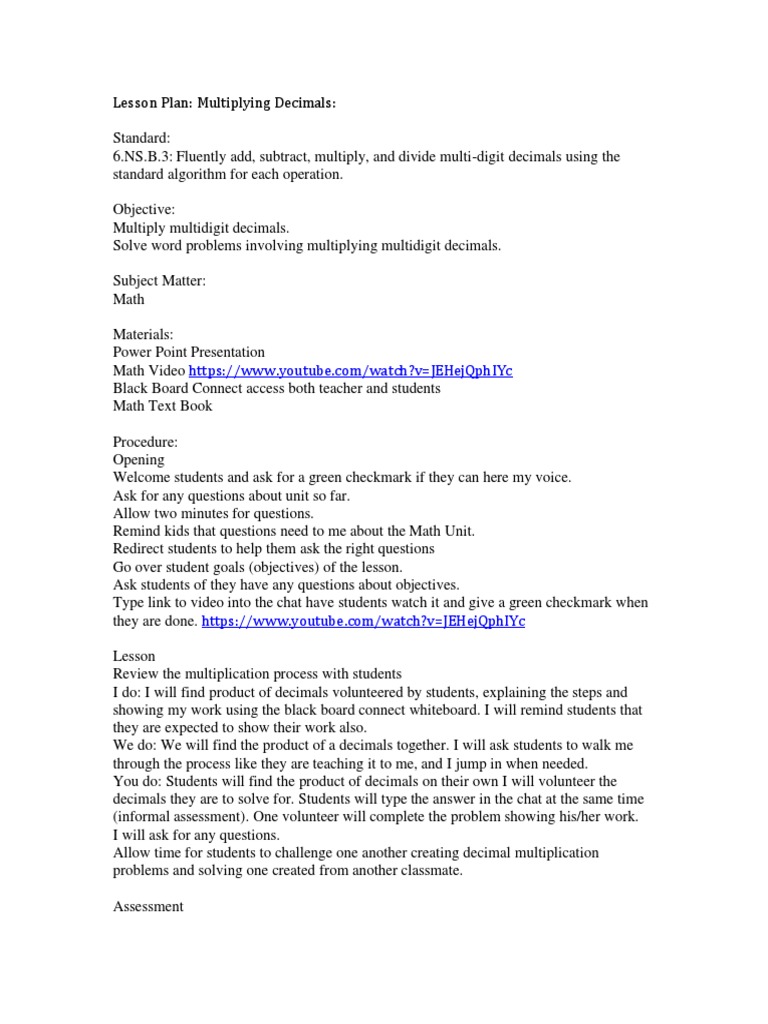 Math Lesson Plan Multiply Decimals | PDF | Multiplication | Students