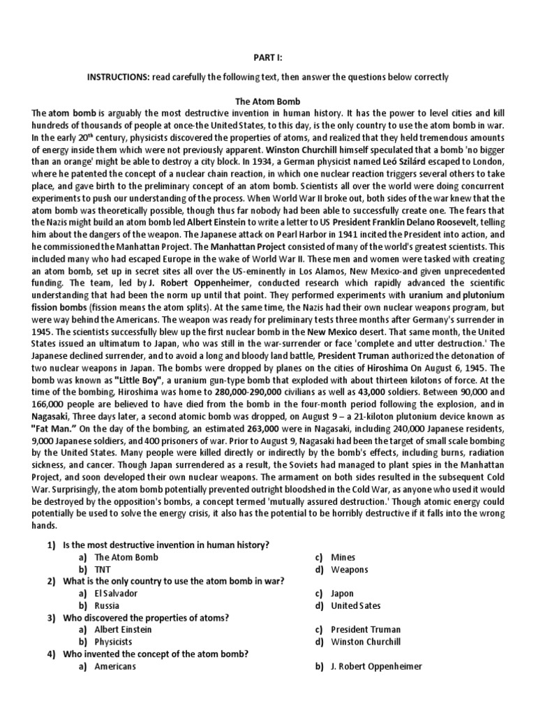 The Atom Bomb History Reading Activity | PDF | Nuclear Weapons ...