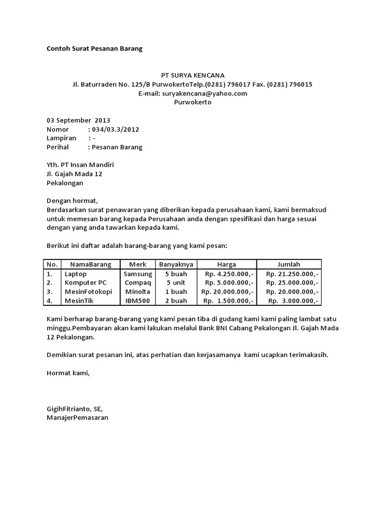 Contoh Surat Pesanan Barang | PDF