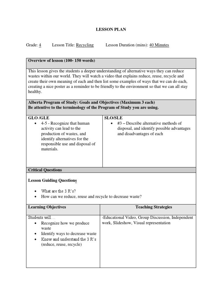 Grade 4 Recycling Lesson Plan | PDF | Reuse | Recycling