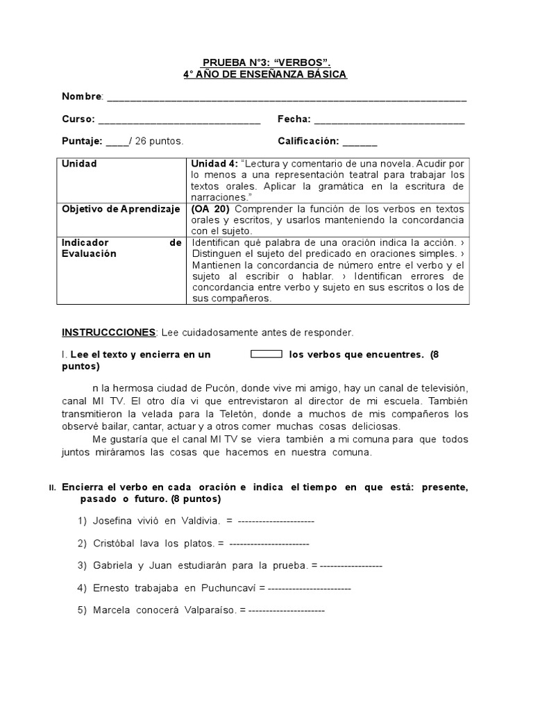 Prueba 3 Verbos | PDF | Asunto (gramática) | Verbo