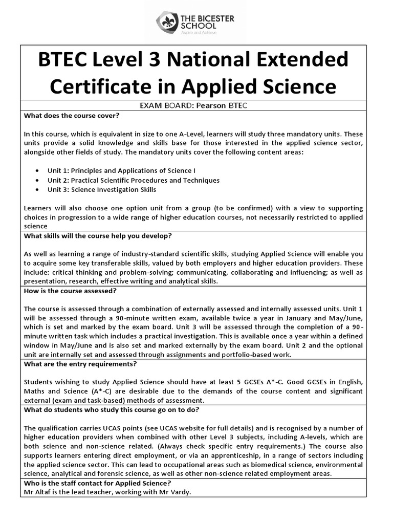 Applied Science BTEC | Download Free PDF | Gce Advanced Level (United ...