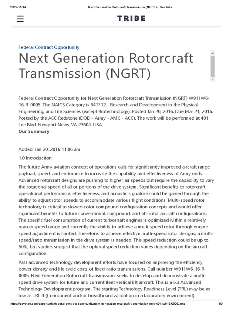 Next Generation Rotorcraft Transmission (NGRT) - GovTribe | PDF ...