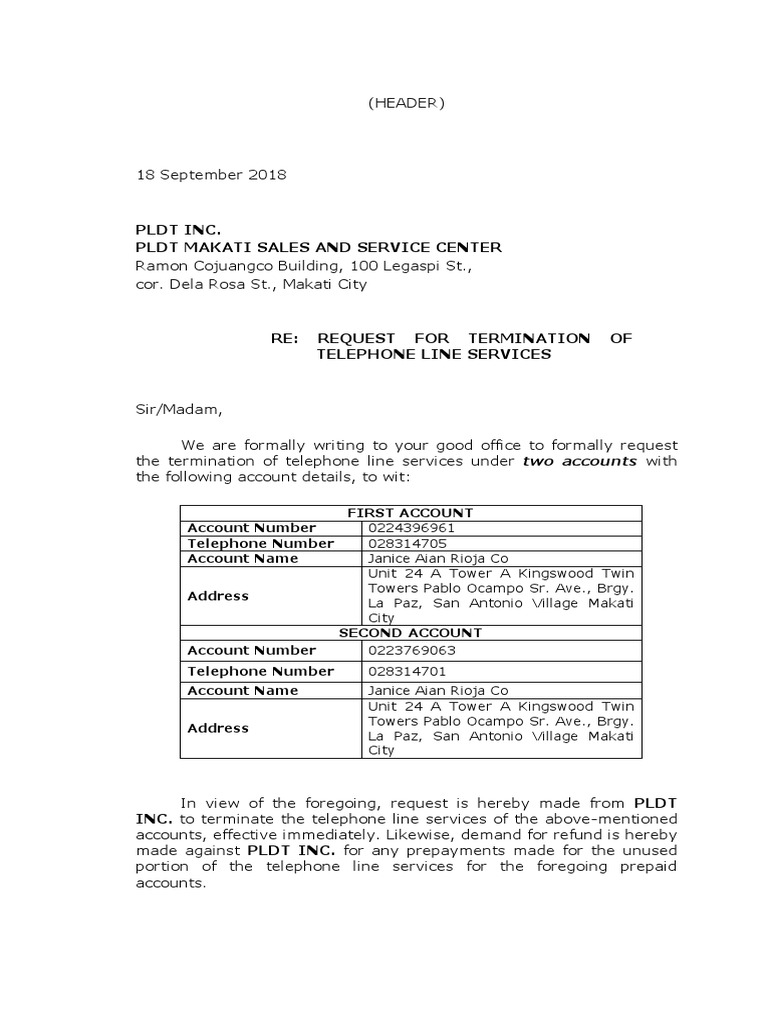 Request For Termination of Telephone Services | PDF