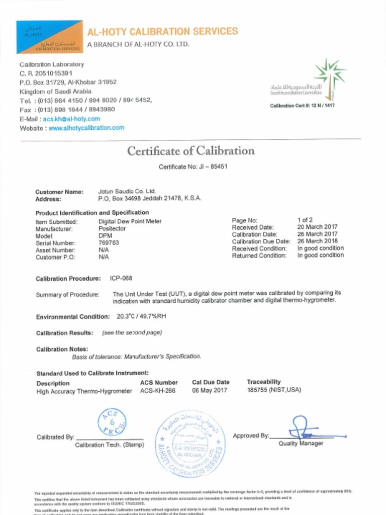 Instrument Calibration Certificate | PDF