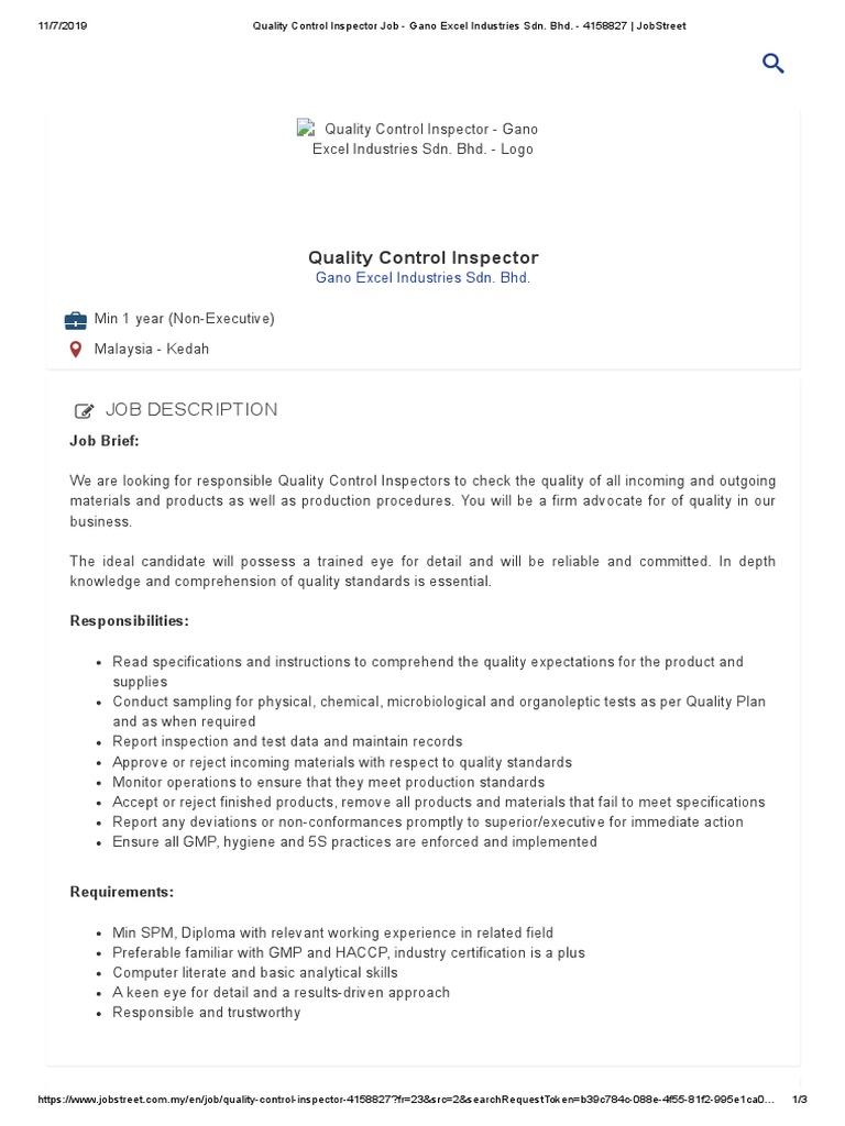 Quality Control Inspector Job - Gano Excel Industries Sdn. Bhd ...
