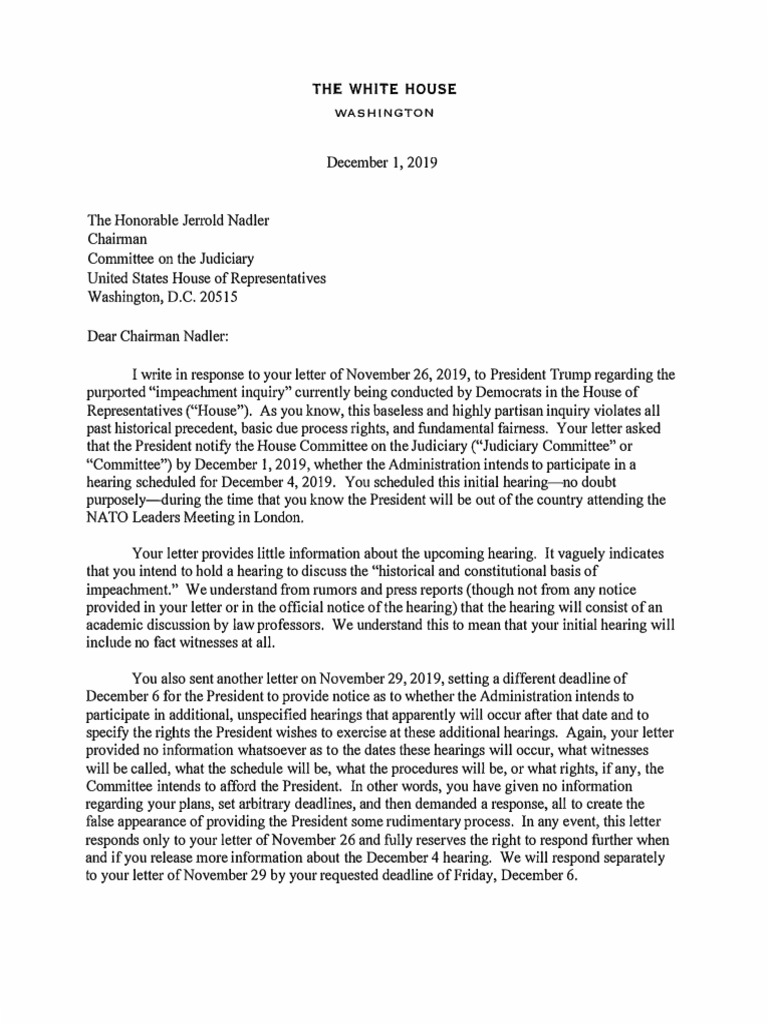 White House Letter To Nadler | PDF | United States House Of ...