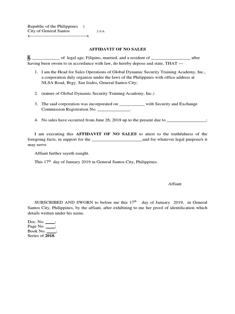 Sample Affidavit of No Sales