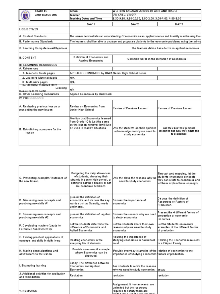 Grade 11 Applied Economics Lesson Plan | PDF | Economics | Reason