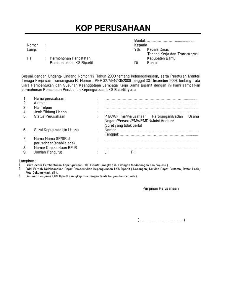 Permohonan Pencatatan Pembentukan LKS Bipartit | PDF