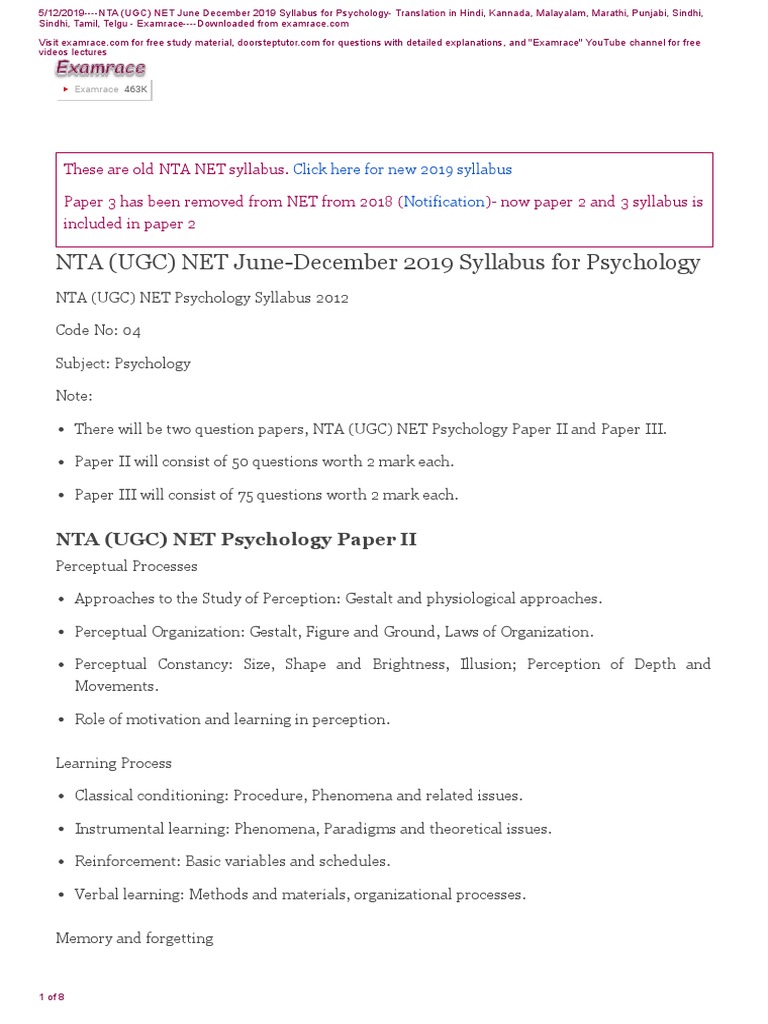 NTA UGC NET Psychology Syllabus | PDF | Memory | Psychology