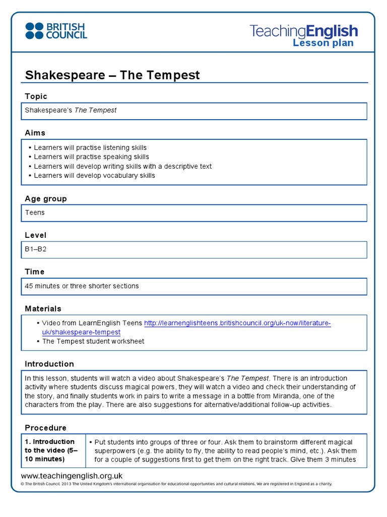 The Tempest Lesson Plan for Teens | PDF | The Tempest | Lesson Plan