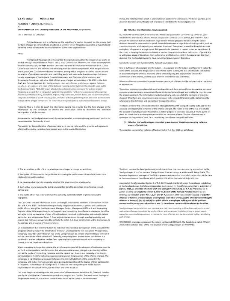 18 Lazarte v. Sandiganbayan Case Digest | PDF | Certiorari | Crime & Violence