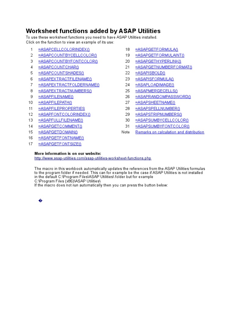 Example Workbook ASAP Utilities Formulas | PDF | Worksheet | Hyperlink