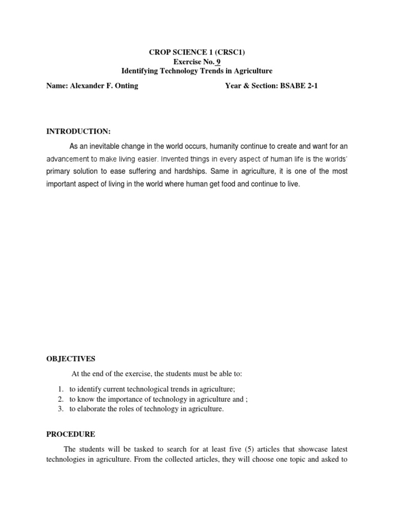 CROP SCIENCE 1 Lab Exercise No 9 Technology in Agriculture | PDF ...